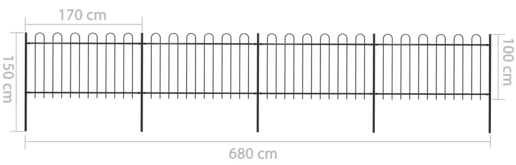 vidaXL Marketos Zahradní plot s obloukem nahoře ocelový 671 x 100 cm černý