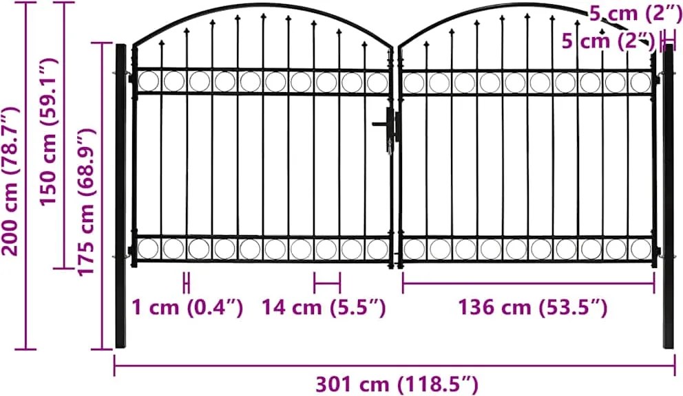 Plotová brána ASSEN dvoukřídlé dveře s klenutým vrškem ocelová 300 x 150 cm 143090