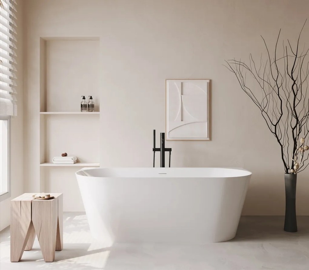 Erga Norah Slim, volně stojící vana ke stěně 160x70 cm + odtoková zátka, bílá lesklá, ERG-NORAH-SLIM-160070-WH-WH