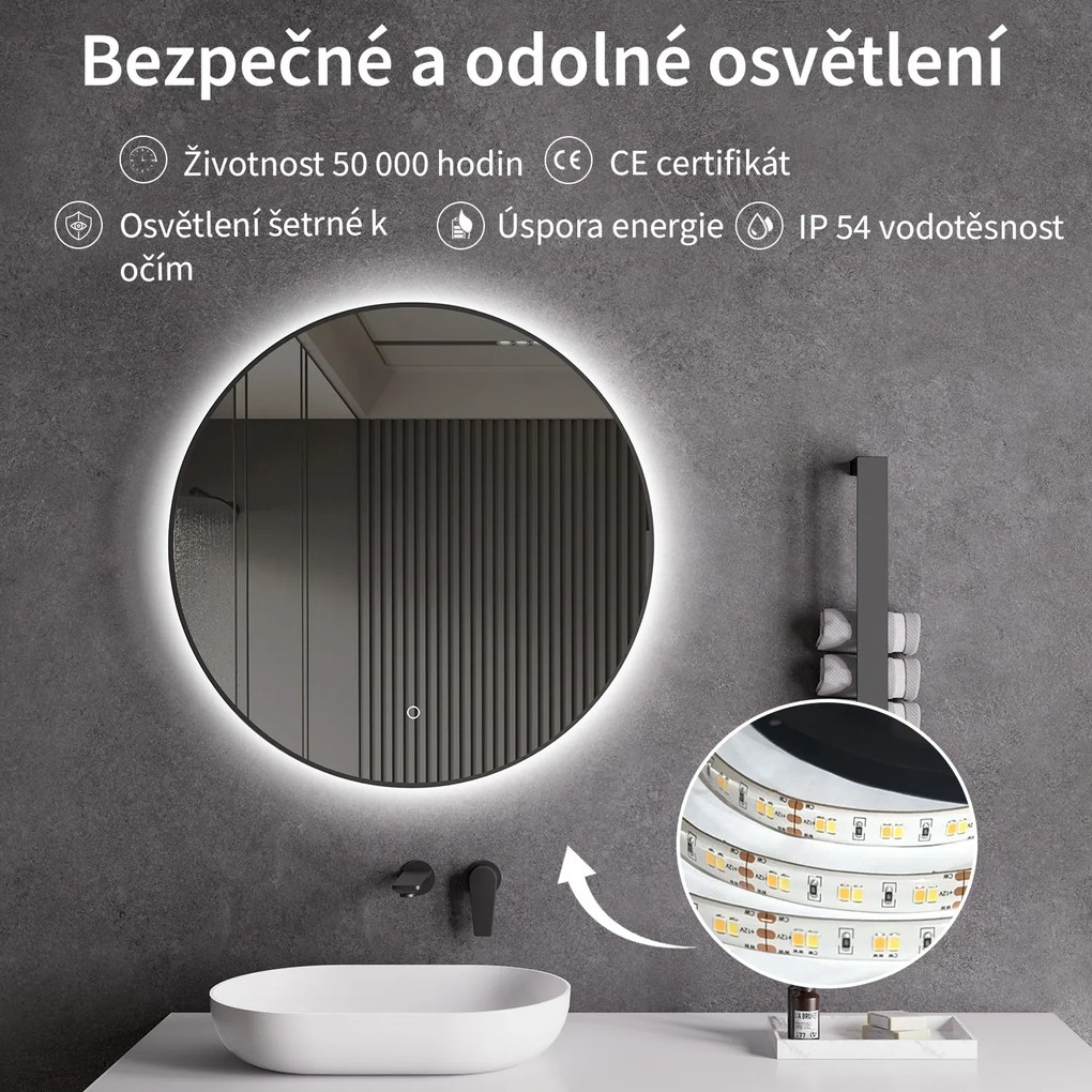 CERANO - Koupelnové LED zrcadlo Velo, kovový rám - černá matná - Ø 80 cm