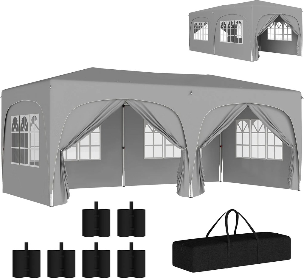 Pavilion Outsunny přibližně 3x6m, voděodolný, stabilní, zimní, sklopný pavilion, UV ochrana 50+, skládací párty stan, zahradní stan s 6 bočními částmi