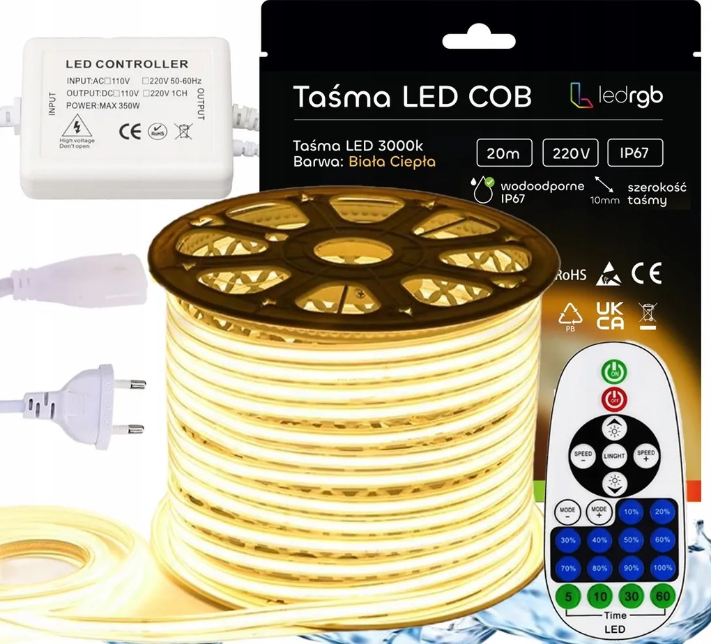 Set Led pásek Cob 230V 20 m 3000K Bílý Teplý Napájecí Zdroj Stmívač Dálkový Ovladač