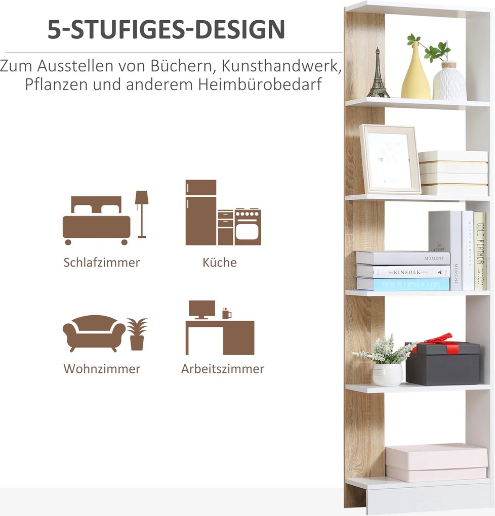 HOMCOM Regál na Knihy s 5 Policemi, Multifunkční Knihovna pro Studium a Kancelář s Zvýšeným Podstavcem, Elegantní Design 45x21x170 cm, Bílá a Dub