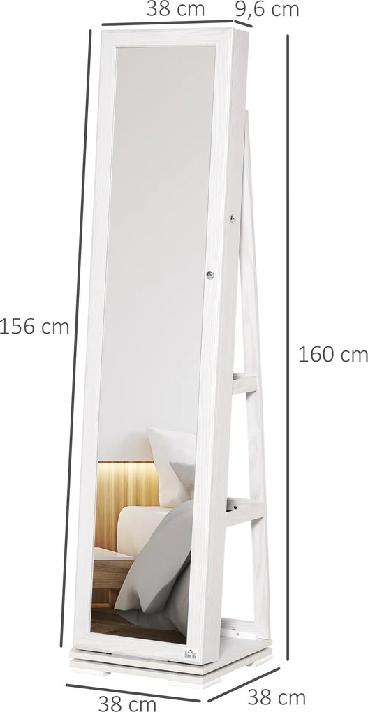 HOMCOM stojací zrcadlo na šperky, šperkovnice, 360° otočná šperkovnice se zámkem, zadní police a vestavěné malé zrcadlo 38x38x160 cm, bílá žilkovaná