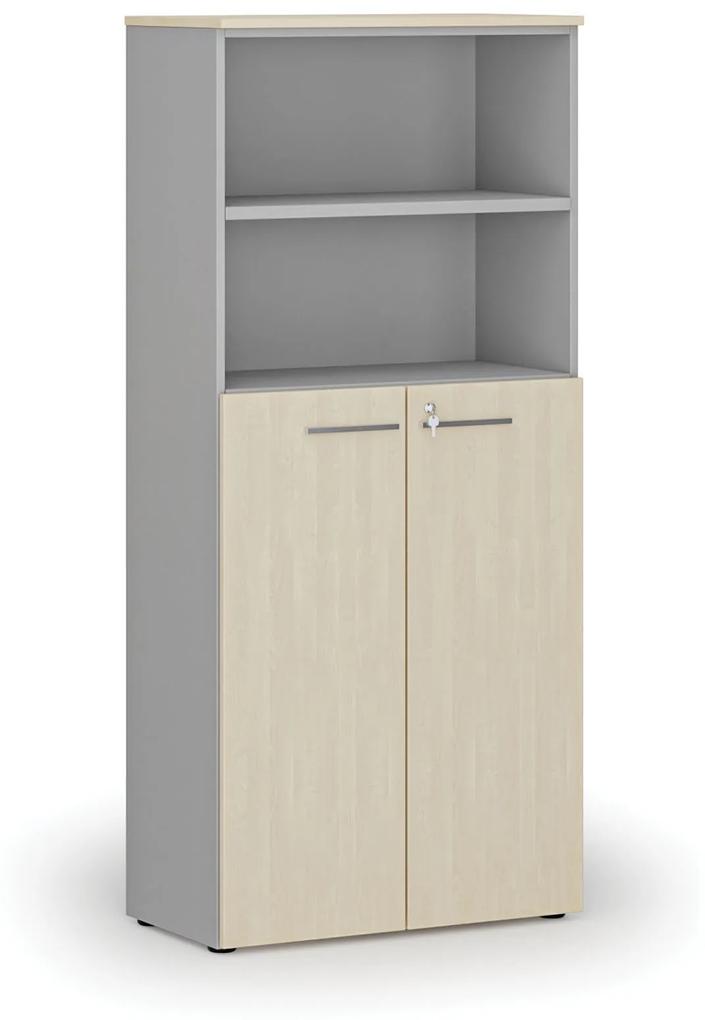 Kombinovaná kancelářská skříň PRIMO GRAY, dveře na 3 patra, 1781 x 800 x 420 mm, šedá/ořech