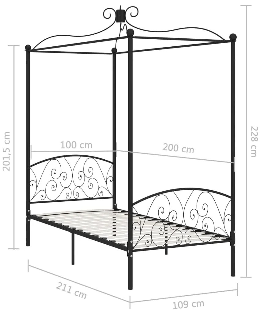 vidaXL Marketos Rám postele s nebesy černý kovový 100 x 200 cm