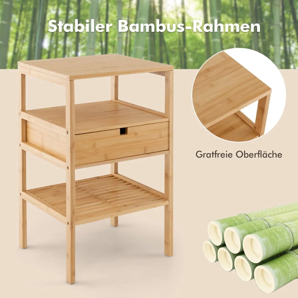 Costway 3-vrstvý bambusový noční stolek se zásuvkou a laťkovým odkládacím