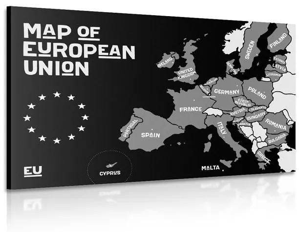 Obraz naučná mapa s názvy zemí evropské unie v černobílém provedení - 120x80 cm