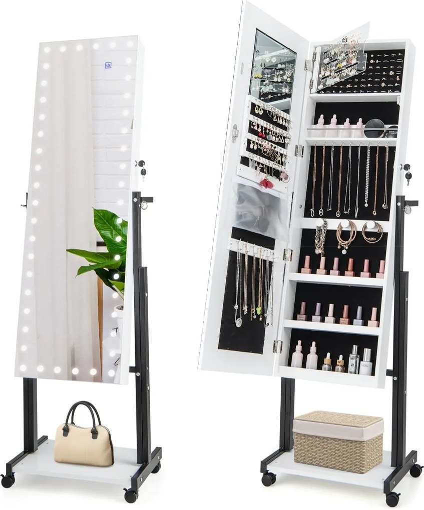 Costway Šperkovnice s kolečky Zrcadlová skříňka 4 v 1 s 3 barevnými LED světly
