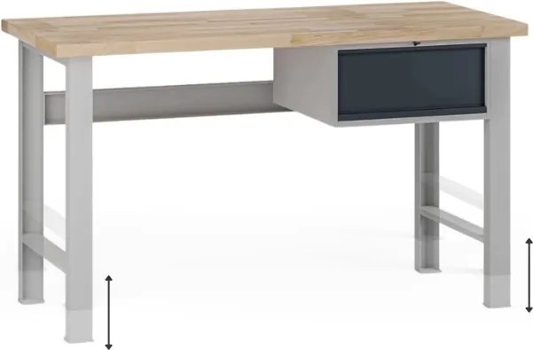Výškově nastavitelný dílenský stůl G7, buková spárovka, 1500 x 800 x 840-1040 mm, 1x kontejner, 1 zásuvka, grafit