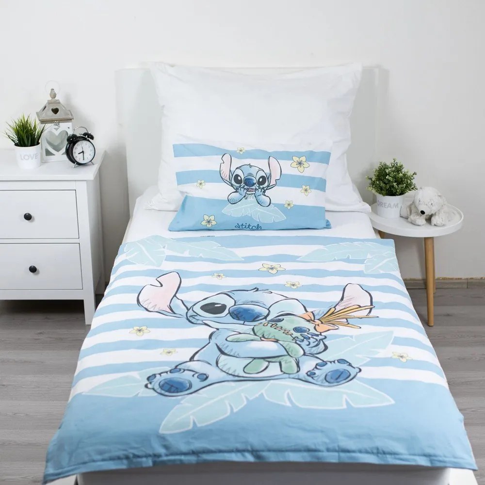 Světle modré bavlněné dětské povlečení do postýlky 100x135 cm Lilo & Stitch "Tropical Hugs" – Jerry Fabrics
