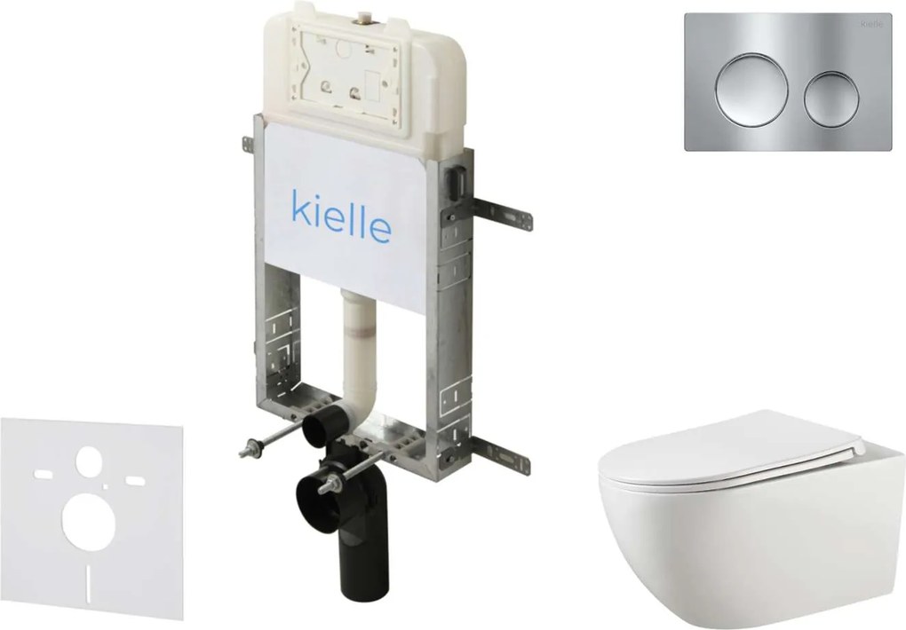 kielle Genesis New - Set předstěnové instalace, klozetu Gaia, Rimless, sedátka softclose a tlačítka Gemini New I, lesklý chrom 30528SZ11