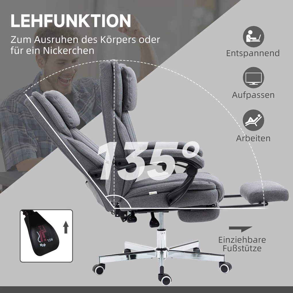 Kancelářská židle Vinsetto s 5 masážními režimy ergonomická kancelářská židle s funkcí polohování výškově nastavitelná podnožka vzhled lnu šedá