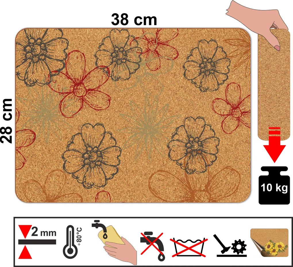 PokojovaDekorace.cz, Korkové prostírání s potiskem - 537, kytky, 38x28 cm, 1 ks