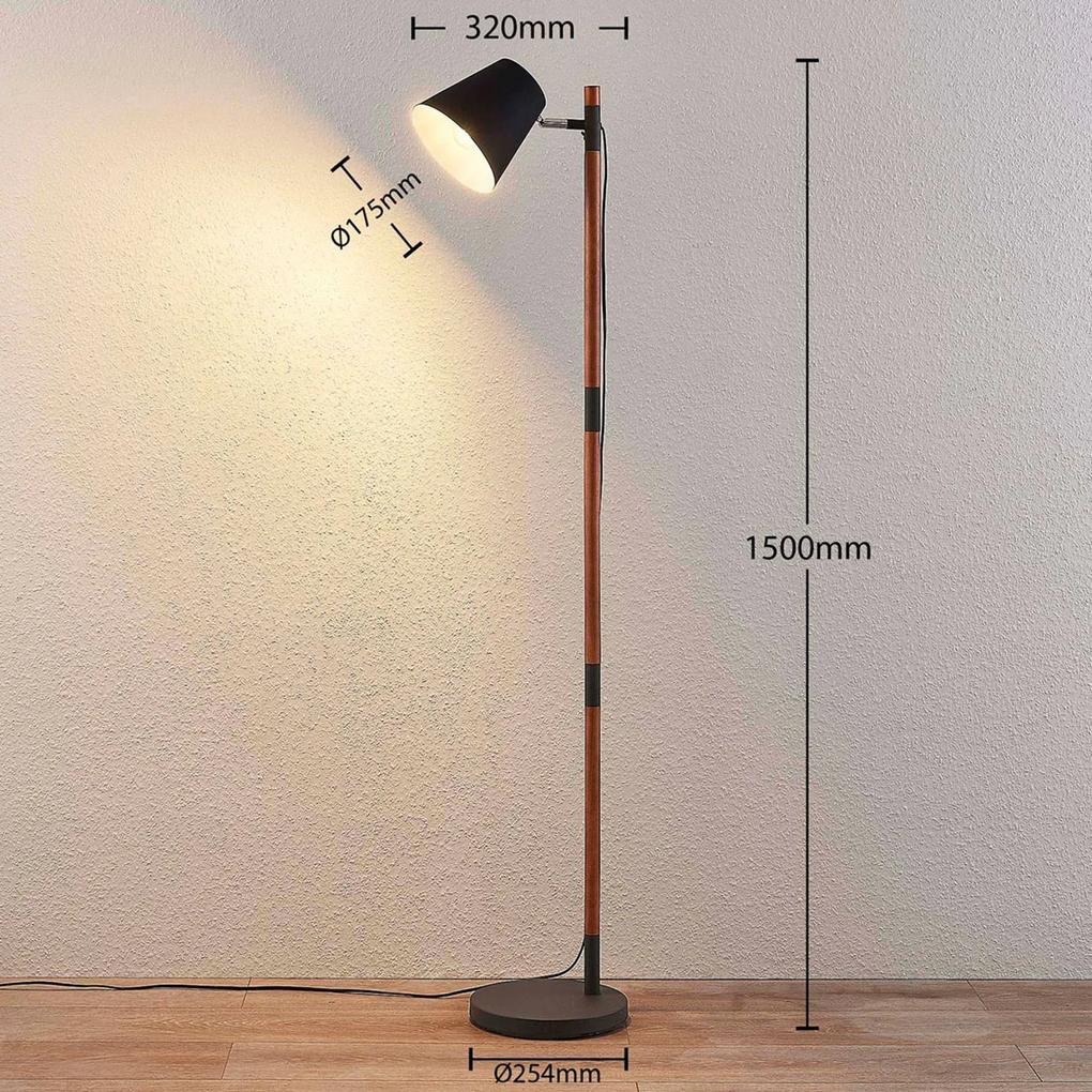 Stojací lampa Birte, černá s dřevěným prvkem