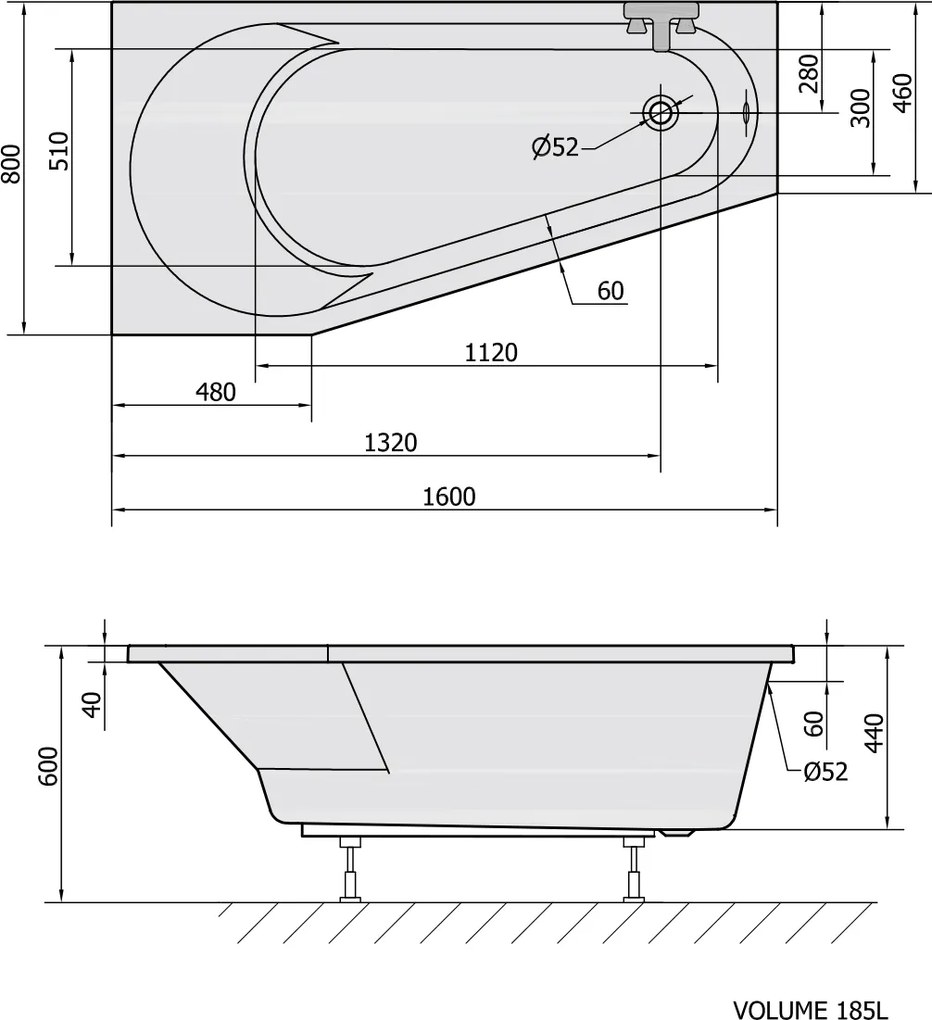 Polysan Projekta 160 x 80 cm vana asymetrická akrylátová levá 20111