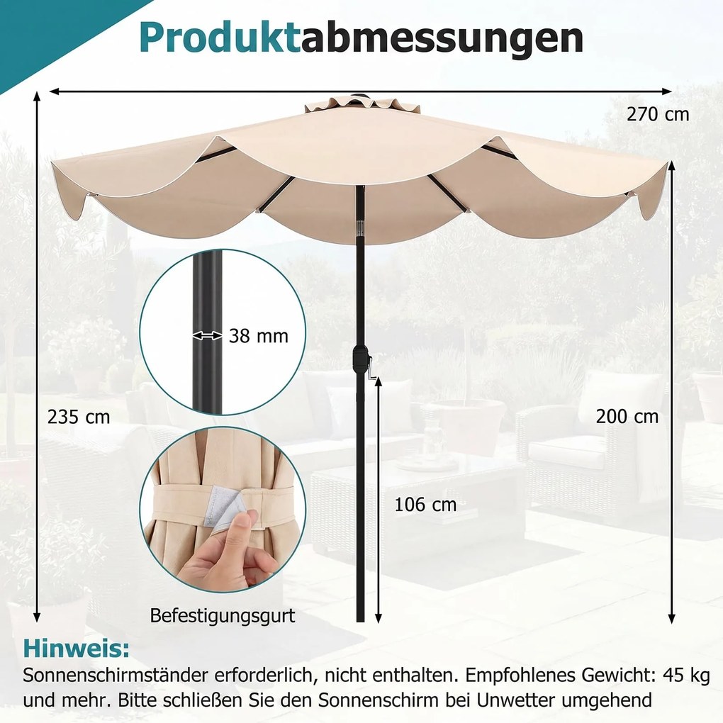 Costway Slunečník 270 cm s funkcí klikání a naklápění s 8 kovovými žebry, béžový