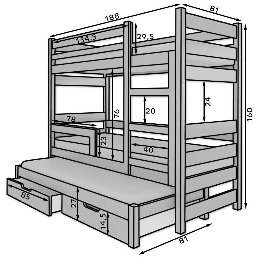 ADRK Rozkládací patrová postel KARLO, CH-Kar-PIN+G-E1080, 180x75 cm se zábradlím a matrací, borovice/šedá