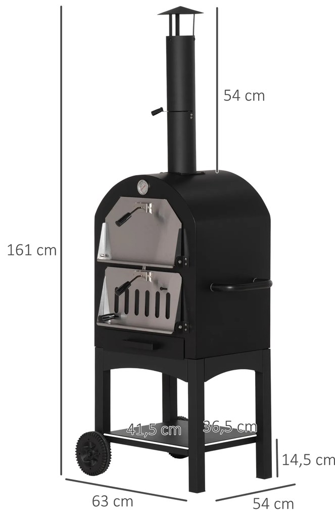 Outsunny venkovní pec na pizzu 2 v 1 s kolečky, grilovací pec, ochranný kryt, lopatka na pizzu, 2 grilovací sítě, třípatrová pec na dřevo, 63x54x161c…