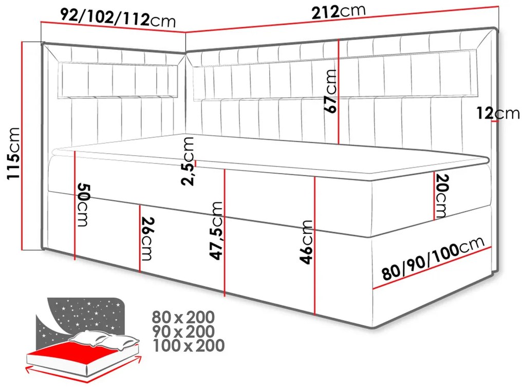 Kontinentální jednolůžková postel 80x200 RAMIRA 3 - bílá ekokůže / modrá 1, levé provedení + topper ZDARMA