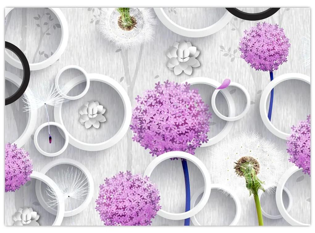 Obraz 3D abstrakce s kruhy a květinami (70x50 cm)