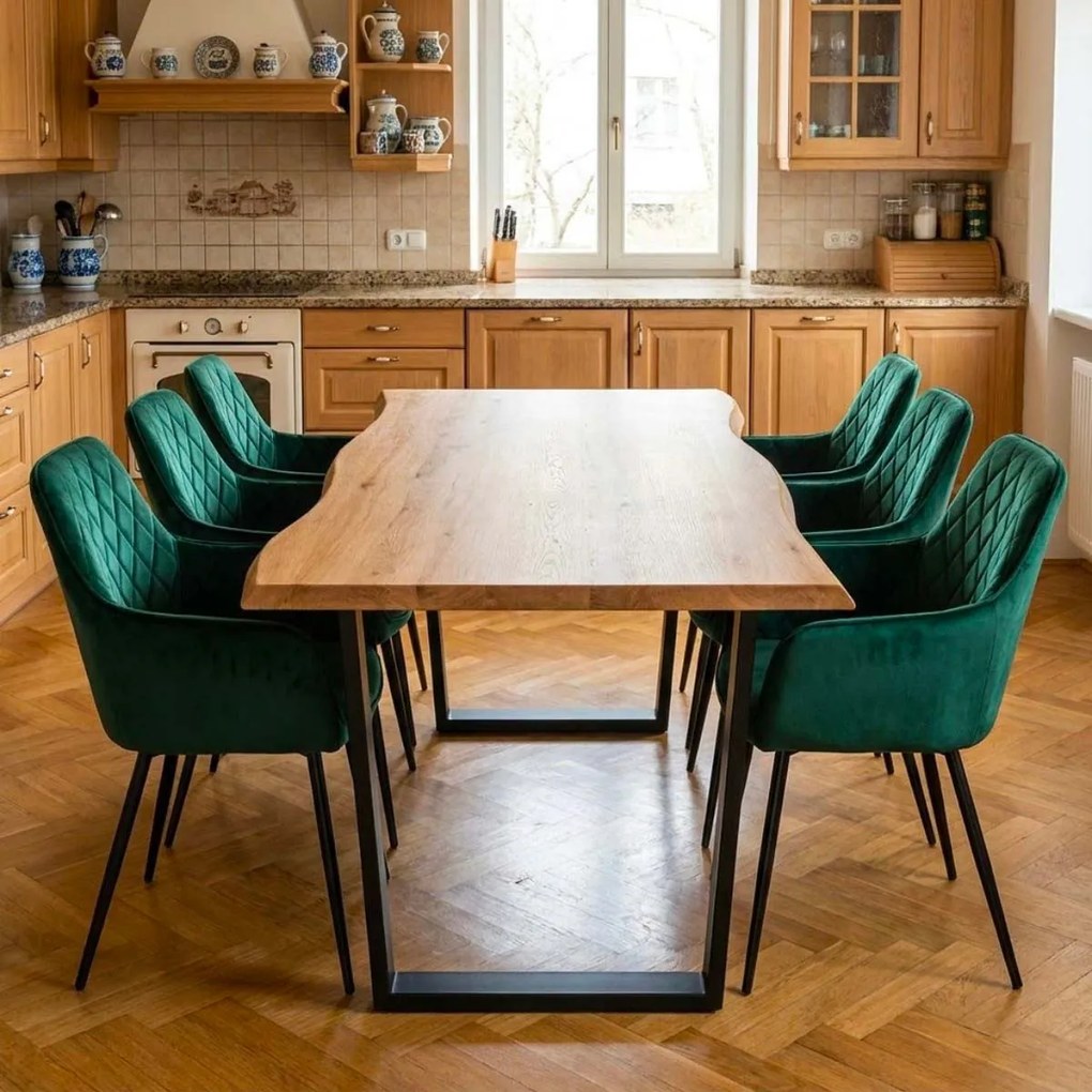 Vikio Jídelní set pro 6 osob 180x90 cm dub noha U zelená židle s područkami VJS168-6Z