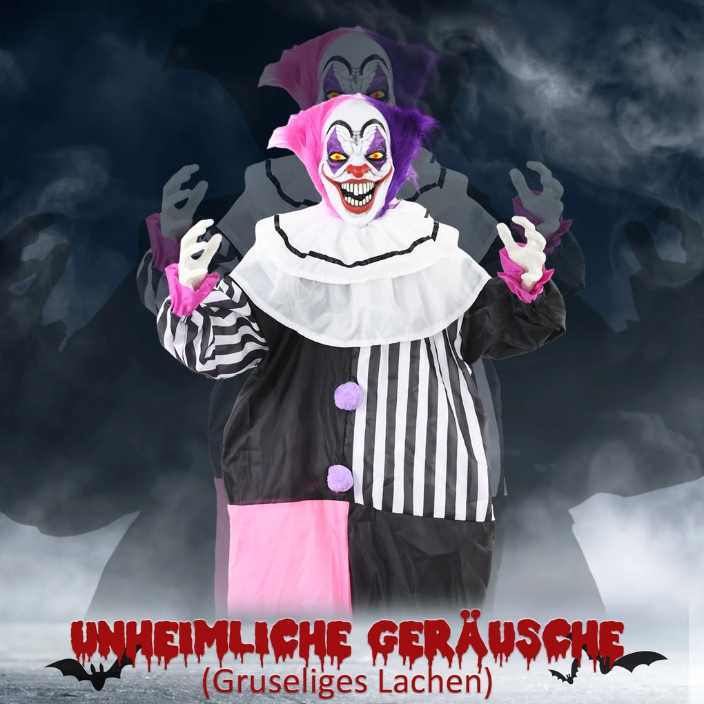 HOMCOM Strašidelný klaun Halloween dekorace, pohyblivý, funkce smíchu, růžová + fialová