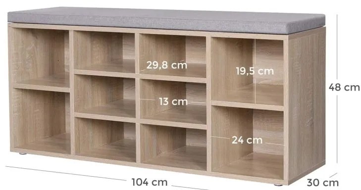 Botník s lavicí a 10 přihrádkami, dub, 104×30×48 cm