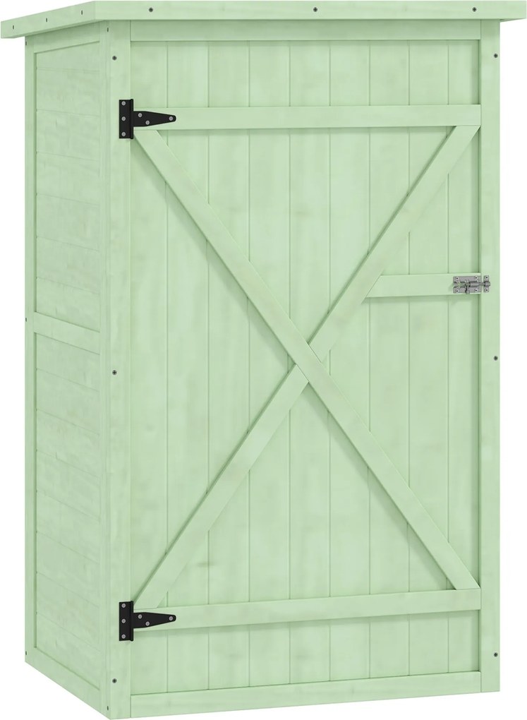 Outsunny dřevěná zahradní skříň 75 × 56 × 115 cm – venkovní úložná skříňka na nářadí s 3 policemi, zamykatelné dveře a asfaltová střecha - zelená | Ao