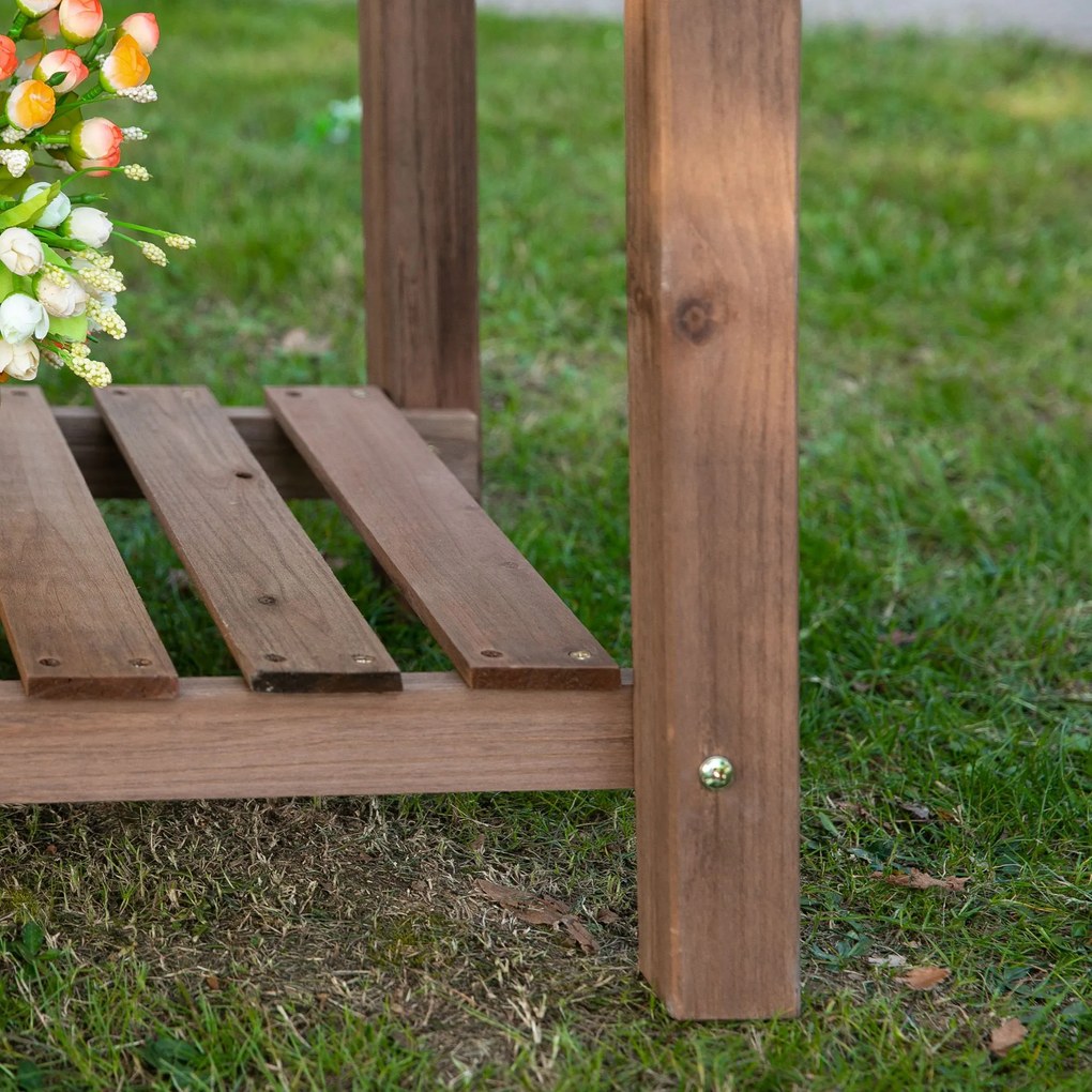 Vyvýšený záhonový truhlík Outsunny 123x54x74cm s 8 rošty a skládací policí z masivního dřeva v hnědé barvě pro zahradu a terasu | Aosom.de