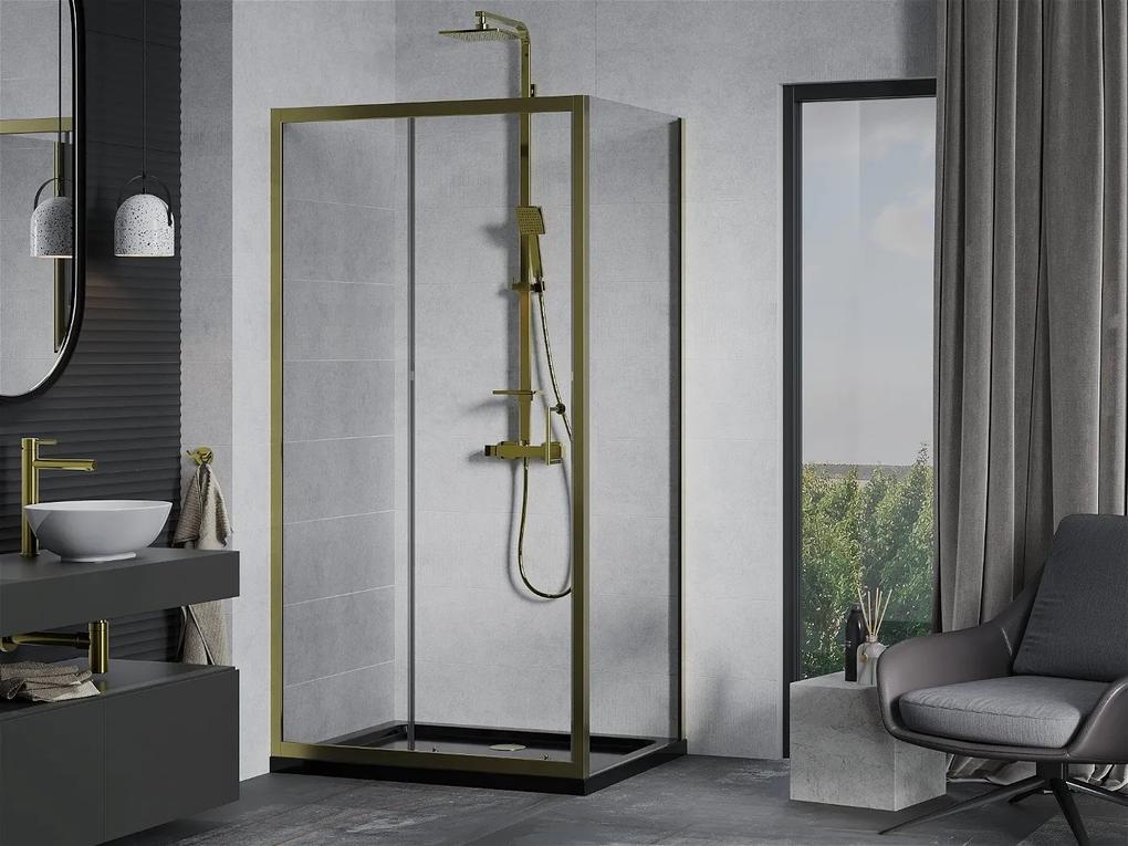 Mexen Apia sprchový kout s posuvnými dveřmi 110 (dveře) x 100 (stěna) cm, 5mm čiré sklo, zlatý profil + černá sprchová vanička SLIM, 840-110-100-50-00-4070G
