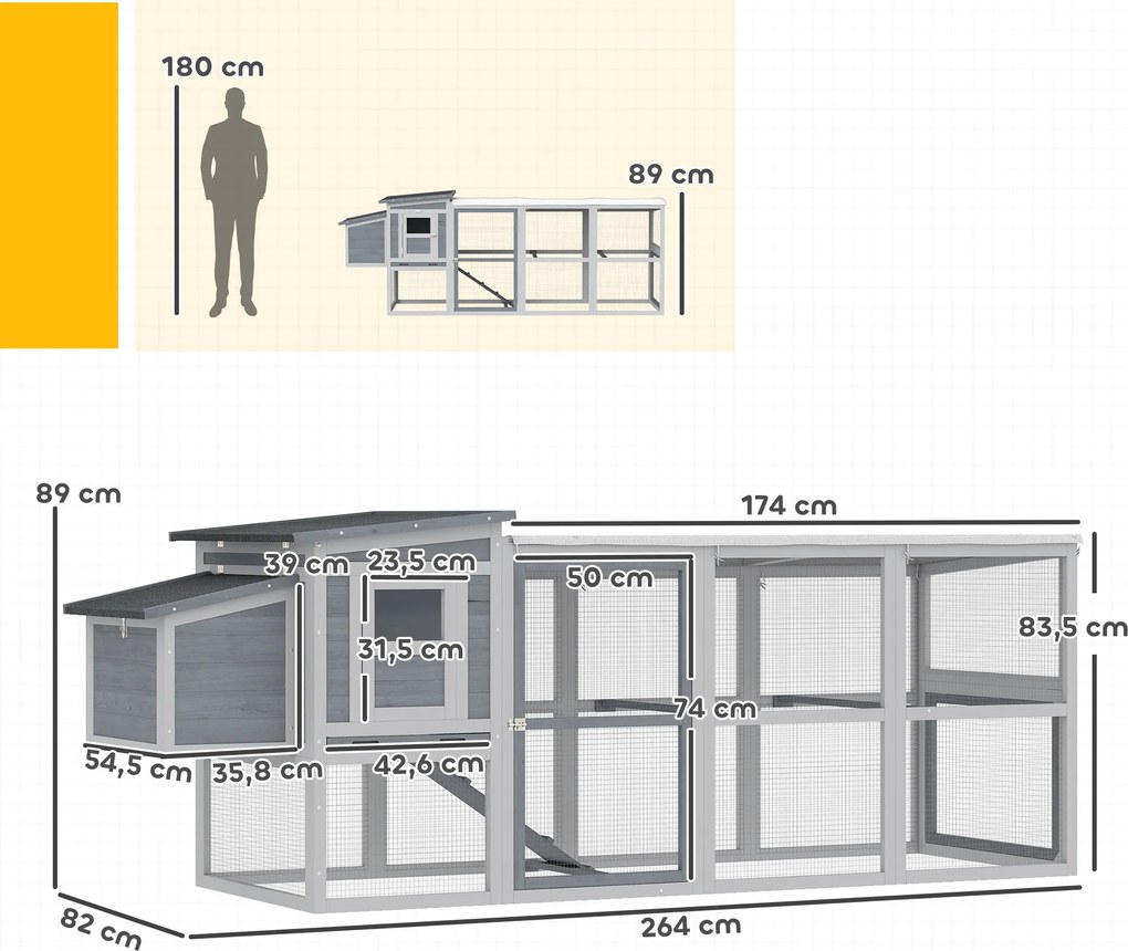 PawHut dřevěný kurník s výběhem pro 3–4 nosnice, 264 x 82 x 89 cm — asfaltová střecha, potah z Oxford tkaniny, hnízdní box, bidýlka, výsuvný podnos —…