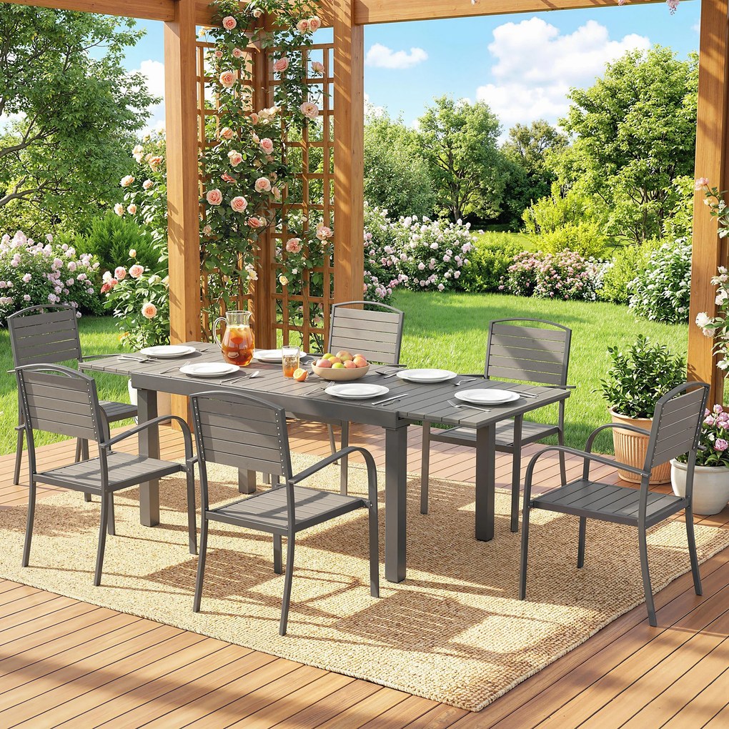 Outsunny Zahradní set nábytku 7 ks, rozkládací stůl 150–225 cm + 6 židlí, hliník, imitace dřeva, šedý