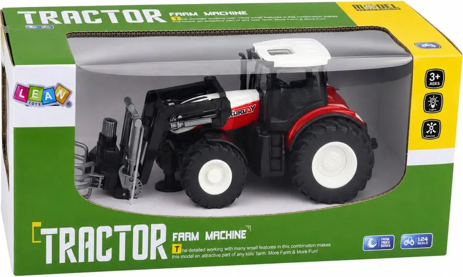 LEAN Toys Zemědělský traktor s držákem na balíky, dálkově ovládaný RC, červený, měřítko 1:24