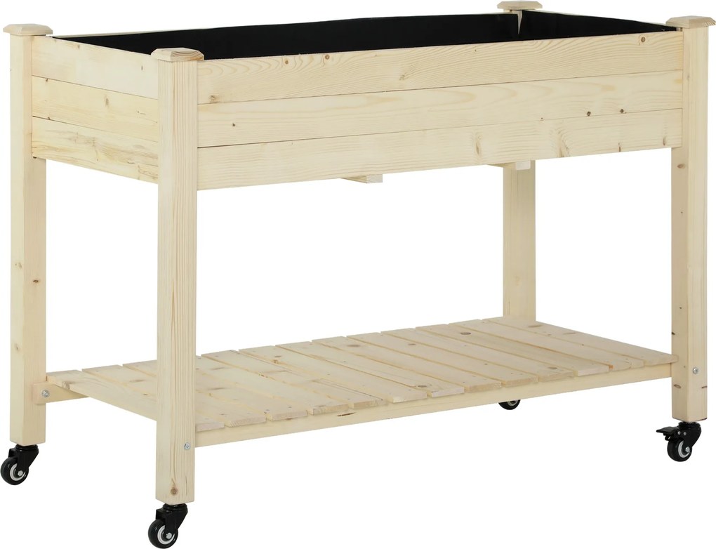 Outsunny Zvednutý městský zahradní stůl 118x55x83 cm Dřevěné zvýšené lůžko se policí Geotextilní látka Kola s brzdami Přenosné pro zahradničení na te…