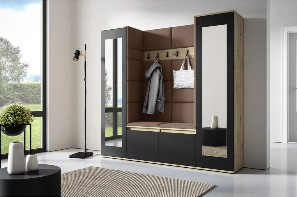 Eka Předsíňová stěna s čalouněnými panely Trinity 31 - Dub Artisan s černou / Hnědá 2307