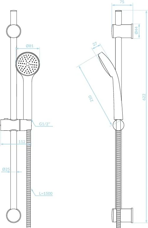 Kuchinox MEVA, sprchová souprava se sloupem a ruční hlavicí, 622 mm, chromová, LAV-NKM_01A1