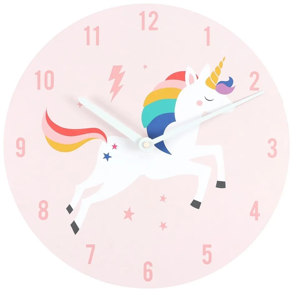 Jones Home & Gift Dětské růžové nástěnné hodiny s motivem jednorožce Rainbow Unicorn