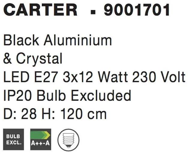 Nova Luce Závěsné svítidlo CARTER černý hliník a křišťál E27 3x12W