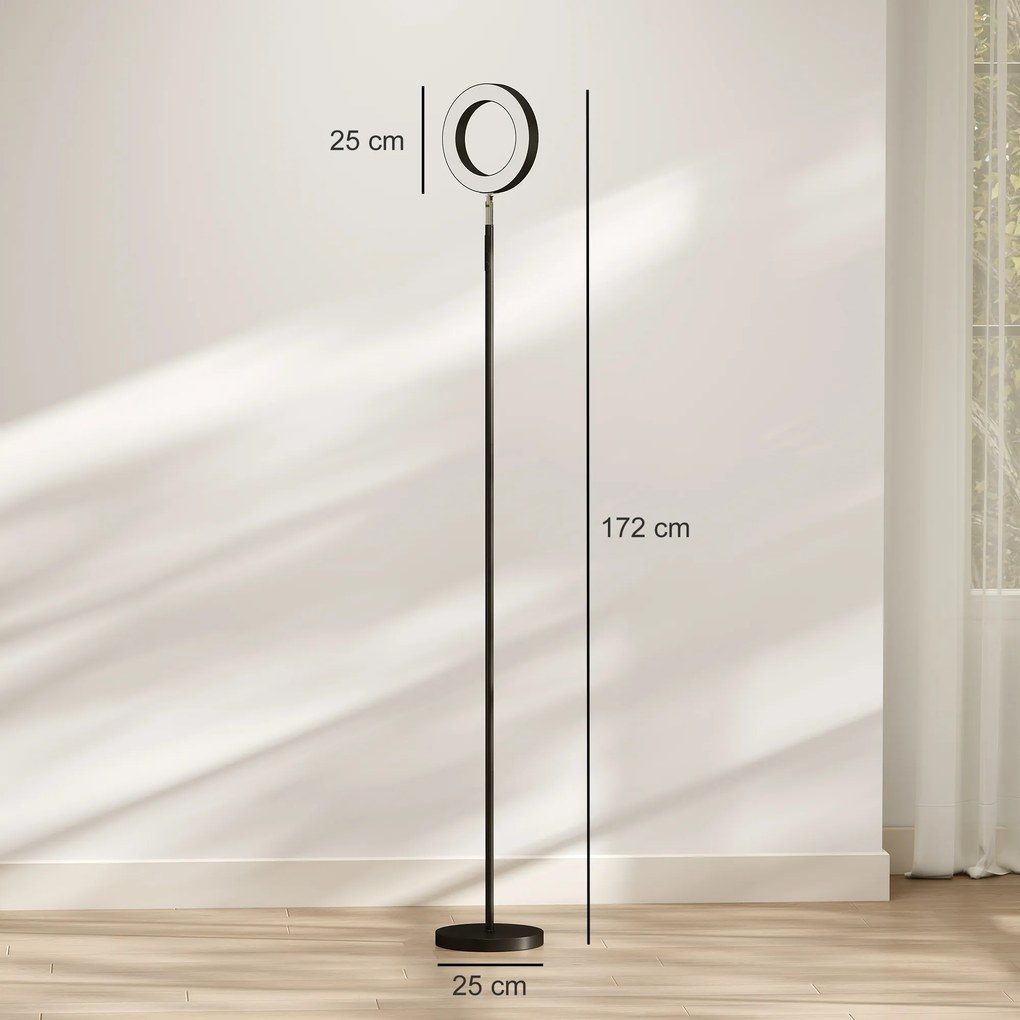 HOMCOM Stojací lampa 42W LED stmívatelná, 3 barevné teploty, stropní reflektor s nastavitelnou hlavou ve tvaru kruhu, černá