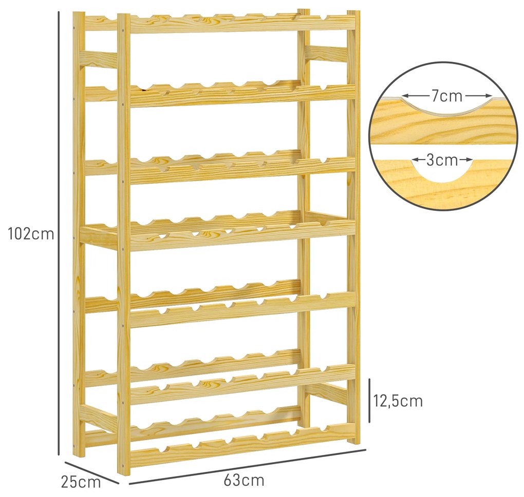 Stojan na víno HOMCOM 63 x 25 x 102 cm na 42 lahví se 7 úrovněmi, stojícím stojanem a ochranou proti převrhnutí ze dřeva v přírodní barvě | Aosom.de