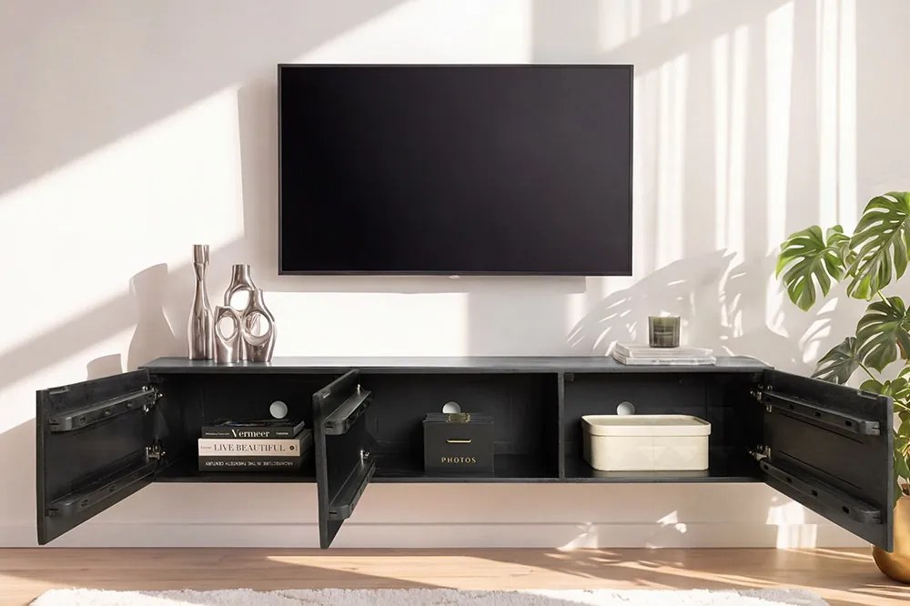 Designový závěsný TV stolek Ladarius 160 cm černé mango