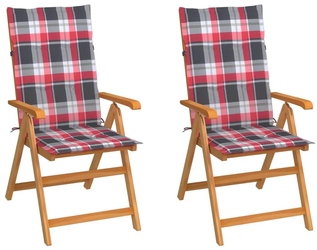 3062389 vidaXL Zahradní židle 2 ks červené kárované podušky masivní teak