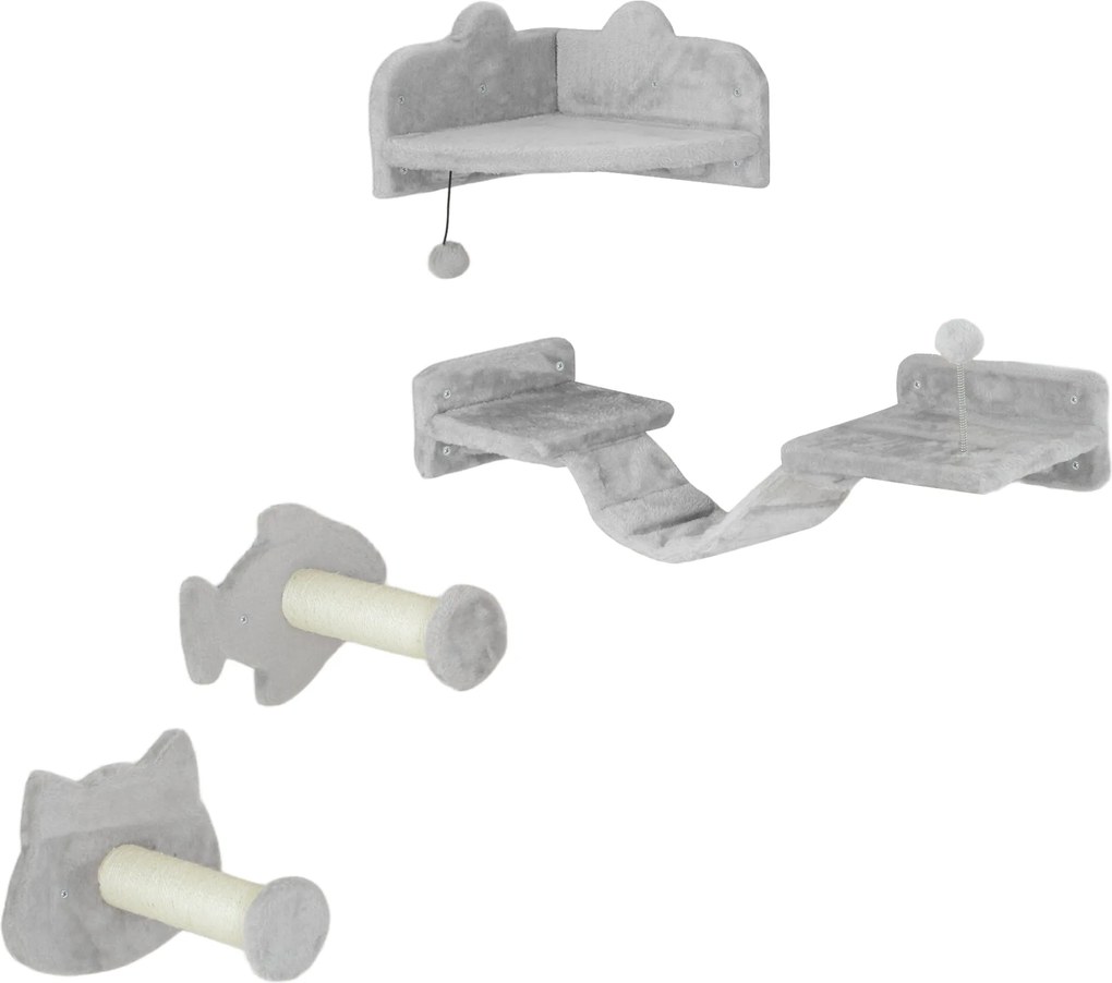 PawHut Set pro šplhání koček, 4-dílný nábytek pro kočky se schody, žebříkem, skákacími věžemi, škrábacími sloupky, hračkou, sisalem, pro kočky do 5 kg