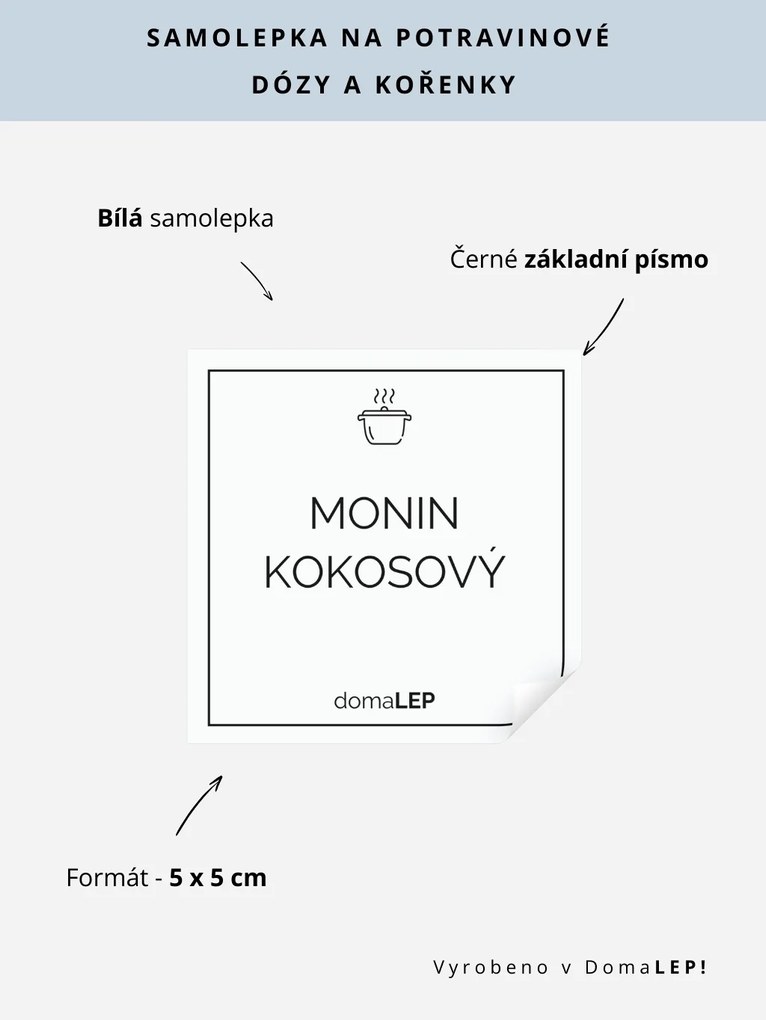 Samolepka na láhev MONIN KOKOSOVÝ 5 x 5 cm – bílá vinylová, voděodolná, omyvatelná samolepka na dózy, základní písmo