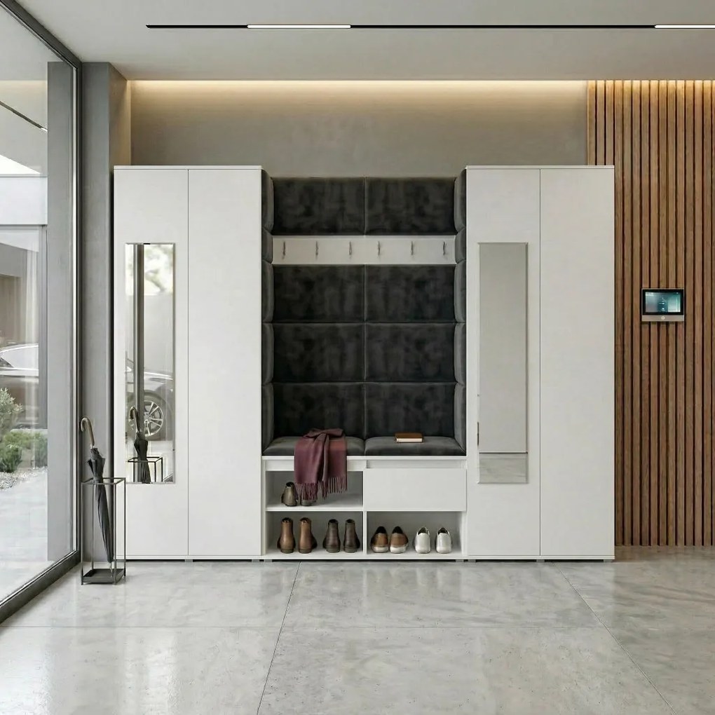 Předsíňová stěna Trinity 10 s čalouněnými panely, 280 cm, bílá / tmavě šedá