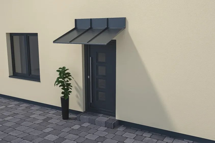 Kovová stříška nad dveře RainBlock 148 x 95 cm ✔ Závitové tyče (12 ks) – zateplená fasáda ✔ Kovářský antracit + pozink