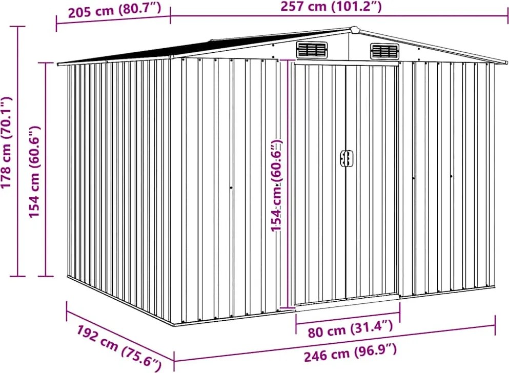 vidaXL Marketos Zahradní domek na nářadí šedý kovový 257 x 205 x 178 cm
