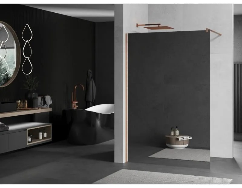 Mexen Kioto, sprchová zástěna Walk-In 100 x 200 cm, 8mm sklo vzor zrcadlo, měděný matný profil, 800-100-101-65-50