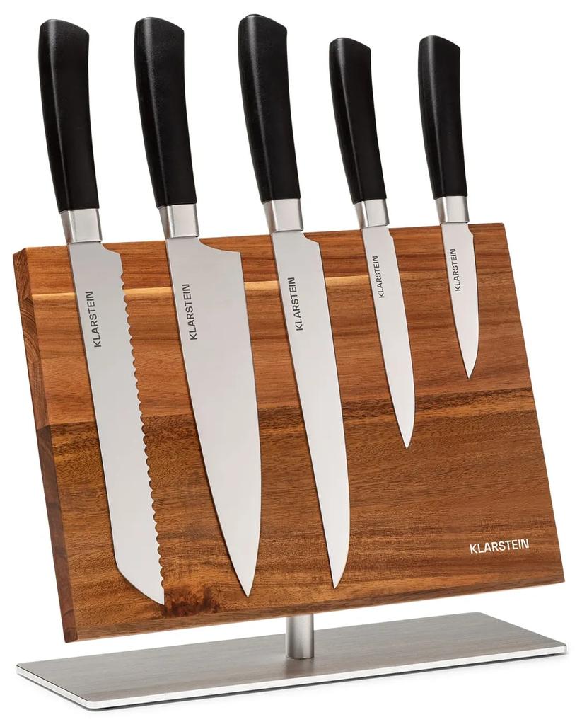 Kiru 6, sada nožů, 5 nožů, ocelové čepele, blok z nerezové oceli, akáciové dřevo, magnetický